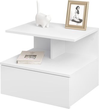 Woltu Nachttisch hängend, schwebender Nachtschrank mit Schublade, offenem Fach, Wandregal Nachtkommode, 40x31x35 cm, Nachtkonsole, Wandschrank, weiß, aus Ho