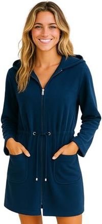 Morgenstern Robe de Chambre Femme léger avec Fermeture éclair, Ceinture et Capuche, Taille Small, de Couleur Bleu Marin Emily