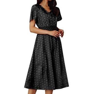 Generic Robe d&eacute;t&eacute; pour femme - Style boh&egrave;me - &Eacute;l&eacute;gante robe &agrave; manches courtes avec ceinture - Pour vacances &agrave; la plage, Noir, XXL