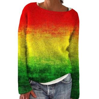 Generic Pull vintage en tricot au crochet pour femme - Couleur dégradée - Col bateau surdimensionné - Manches longues - Léger - Tricot côtelé - Chemisier bohè