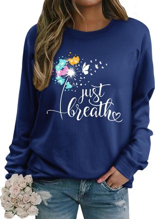 Dresswel Damen L&ouml;wenzahn Sweatshirt Langarmshirt Just Breath Pusteblume Schmetterling Drucken Pullover Herbst Winter Bluse Tops Oberteile