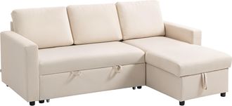 HOMCOM Ecksofa, Schlafsofa, 3-Sitzer, modular, mit wendbarer Ottomane, integrierter Aufbewahrungsbox und 3 Rückenkissen, Stoff in Leinenoptik, cremefarben