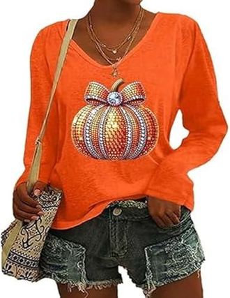 Generic T-shirt à manches longues avec imprimé citrouille pour femme, Orange, XL
