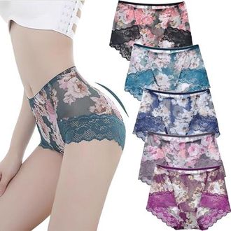 Generic Culotte en satin à motif floral pour femme, culotte sexy en soie glacée, culotte confortable et soyeuse sans couture, 5 pièces - A, XL