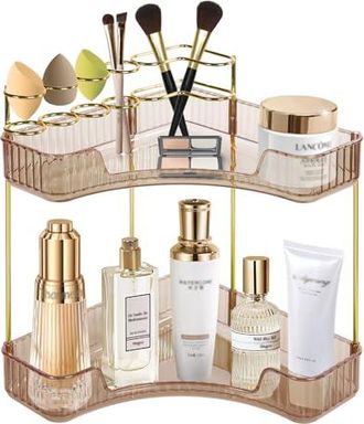 Shanna Rangement Maquillage Cosmétique Organisateur: Ambre 2 Étages Réglable Maquillage Rangement Cosmétique Boîte pour Bureau Rouge à Lèvres Rangement de So