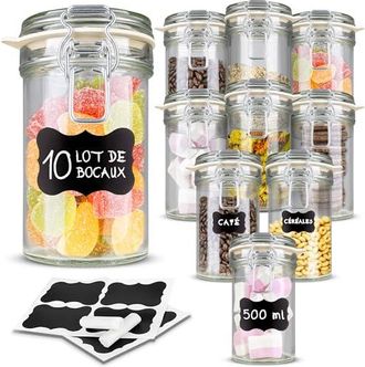 Creative Home Lot de 10 Bocaux en Verre 500ml | Bocal en Verre avec Couvercle Herm&eacute;tique | Boite conservation alimentaire | Boite Rangement Cuisine | Pot a epices |