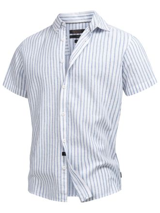 Indicode Herren INBravida Leinenhemd Kurzarm-Hemd mit Button-Down-Kragen | Herrenhemd Sommerhemd f&uuml;r M&auml;nner Offwhite - Striped, XXL