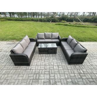 Fimous 11-Sitzer Polyrattan Gartenm&ouml;bel Set Patio Sofa Set mit Couchtisch 2 kleine Fu&szlig;hockern Dunkelgrau Gemischt - Fimous
