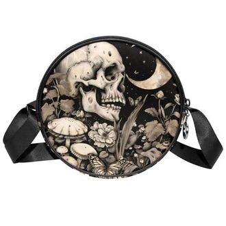 Generic Petit sac &agrave; bandouli&egrave;re circulaire pour femme, motif cr&acirc;nes, petit sac &agrave; dos &agrave; bandouli&egrave;re avec fermeture &eacute;clair, bretelles r&eacute;glables, sac &agrave; main rond