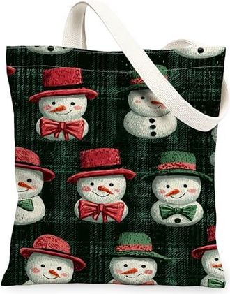 Generic Sacs fourre-tout en toile motif bonhomme de neige de No&euml;l, sacs d&eacute;picerie r&eacute;utilisables, vintage l&eacute;gers et lavables avec bandouli&egrave;re, vert, 13x15 Inch