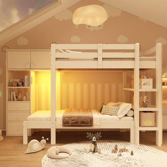 Merax Etagenbett Kinderbett 90x200 cm mit LED Nachtlicht, Versetztes Hochbett mit Schrank, Regal & Schubladen, Kinder Hochbett mit Stauraum, Wei&szlig; (ohne Matr