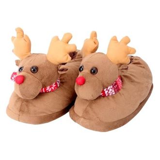 Holibanna Pantoufles en Peluche Chaudes pour Femme Motif Renne de No&euml;l Taille Unique Couleur Marron Semelle Antid&eacute;rapante Plate Confort DInt&eacute;rieur pour LHiver M