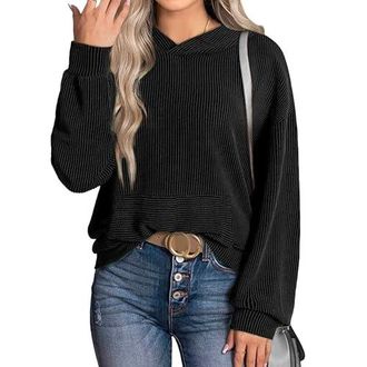Generic Sweat &agrave; Capuche pour Femme, Coupe Oversize, Manches Longues, uni, Maille c&ocirc;tel&eacute;e, Noir, Taille L