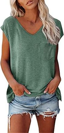 Generic Chemise unie à manches courtes pour femme - Chemisier à manches courtes et col en V - Couleur unie - Doux et ample - T-shirt dété pour femme - Vêtemen