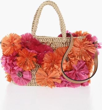 Valentino Raffia Handbag With Raised Flower Details And Removable Strap Valentino