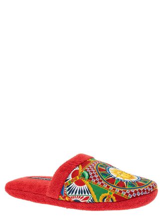 Dolce & Gabbana Unisex Slippers Sicilian Cart Print Red Cotton Flat Shoes