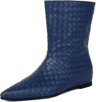 Generic Bottines plates &agrave; bout pointu tress&eacute; pour femme - Confortables - Large mollet - &Agrave; enfiler - Automne et hiver, Bleu, 7.5 US Wide