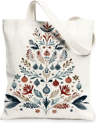 Generic Sacs fourre-tout en toile &agrave; motif floral de No&euml;l, sacs d&eacute;picerie r&eacute;utilisables, vintage, l&eacute;gers, lavables avec bandouli&egrave;re en toile, 33 x 38 cm