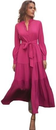 Trendyol Dunkelrosa Gewebtes Kleid Mit Gürtel Großem Kragen Und Knöpfen Robe décontractée, Rose, 40 Femme