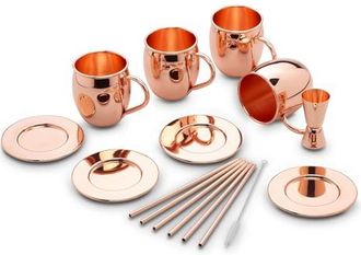 Echtwerk Moscow Mule Kupferbecher 13er Set gefertigt aus Edelstahl bestehend aus 4x Kupferbecher 500ml, 4x Untersetzer, 4x Strohhalm und 1x Messbecher 2cl/4cl,