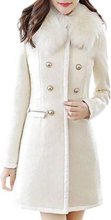 Generic Trench en fausse fourrure pour femme - Manteau en laine artificielle de couleur unie &agrave; double boutonnage - Manteau de travail d&eacute;contract&eacute; &agrave; manches lo