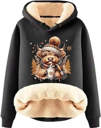 Generic Pull à capuche de Noël pour femme Motif vache Highland mignon imprimé fantaisie à manches longues Pull décontracté ample doux chaud en polaire Sherpa 