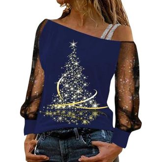 Generic T-Shirt Féminin Décontracté à épaules dénudées en Dentelle avec Manches Longues élégant Chemisier pour Un Quotidien Confortable et Polyvalent (Dark Bl