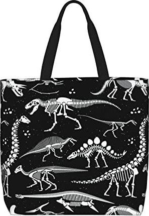Generic Sac De Courses Motif De Squelette De Dinosaure Noir Et Blanc Sac Enfant R&eacute;utilisable Lavables Sacs En Toile Pour Femmes, Pour Shopping, &Eacute;cole, Voyage,