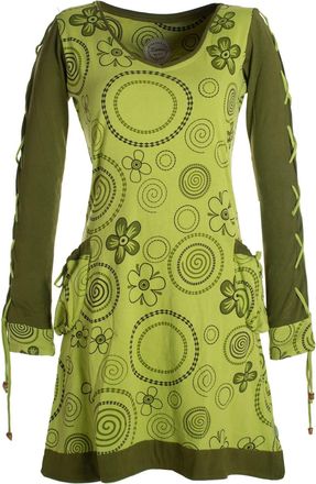 vishes Alternative Bekleidung - Langarm Damen Shirt Kleid Bl&uuml;mchenkleid Hippie Bedruckt 70er 80er hellgr&uuml;n 40-42