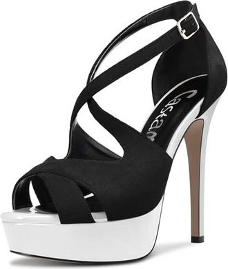 Castamere Femmes Ouvert Bout Aiguille Haut High Plate-forme Talon Heel Lanières Cheville Sandales Boucle Décontracté Chaussures 13 CM Heels Noir et blanc 41 EU