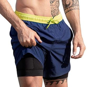 Maamgic Short de Bain Homme Maillot 2-in-1 Séchage Rapide Slip Doublure pour Vacances sur la Plage Sport Surf 5.5,Bleu Noir Jaune,XS