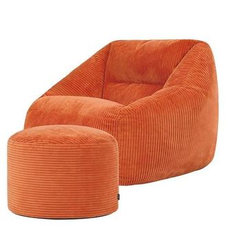 Icon Brand Natalia Sitzsack Sessel mit Hocker f&uuml;r Erwachsene, Orange, Flauschiger Cord Stoff, Riesen Sitzsack Cord mit F&uuml;llung, Bean Bag Chair, Bequemer Sessel W