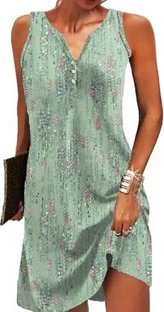 SHEKINI Robe Été Femme Robe Chic et Elegant débardeur Midi Robe sans Manche Col en V Longueur Taille Haute De Plage A-Line Élégante Rétro Robe Été