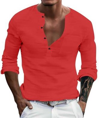 Generic T-shirt &agrave; manches longues pour homme - Style vintage - En coton - Grandes tailles - Col montant - Chemise de plage - Col rond - Chemise d&eacute;t&eacute; &eacute;l&eacute;gante 