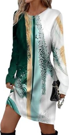 Onsoyours Femme Automne Hiver Robe col en V Robe à Manche Longue Robe Patchwork Décontractée Élégante Vintage Robe F Modèles-4 3XL