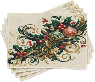 Abakuhaus Platzmatten, Weihnachtsbeeren und Kugeln, Waschbare Stoff Esszimmer Küche Tischdekorations Digitaldruck, Beige Grün Zinnoberrot
