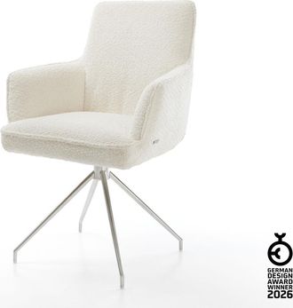 DELIFE Drehstuhl Heira-Flex mit Armlehnen Boucl&eacute; Wei&szlig; Kreuzgestell konisch Edelstahl 180&deg; drehbar Taschenfederkern, Esszimmerst&uuml;hle