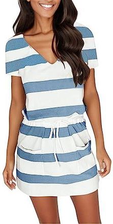 Generic Mini robe dété tendance à rayures pour femme - Mini robe dété à manches courtes - Avec poches - Col en V - Cordon de serrage - Tenue décontractée élég