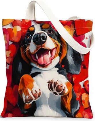 Generic Basset Hound Sac fourre-tout en toile pour faire du shopping 33 x 38,1 cm, sac &agrave; bandouli&egrave;re r&eacute;utilisable pour la Saint-Valentin, pour femme, peinture