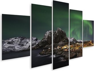 Islandburner Leinwandbild Hamnoy Nordlichter Sch&ouml;nes Polarlicht Lofoten Inseln Norwegen - Leinwand 170x80cm - 5 Teile