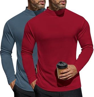 Ekouaer 2pcs Haut Thermique Homme Maillot de Corps &agrave; Manches Longues sous-V&ecirc;tements Chauds avec Micro-Polaire int&eacute;rieure Automne/Hiver Vin Rouge+Bleu Marine X