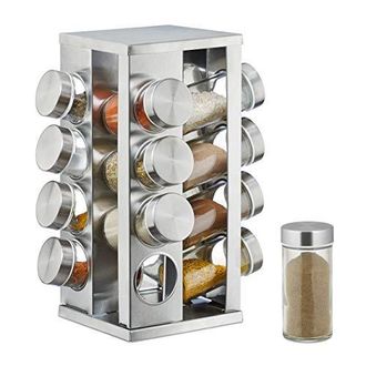 Relaxdays 10026461 Carrousel, 16 Pots en Verre, Pr&eacute;sentoir &agrave; &eacute;pices INOX, Rotatif 360&deg;, argent&eacute;