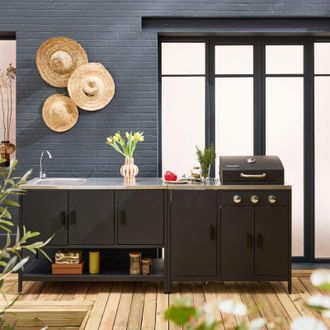 Sweeek Cuisine ext&eacute;rieure Naxos 2 modules acier inoxydable noir barbecue gaz 3 br&ucirc;leurs avec &eacute;vier
