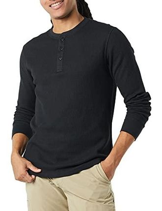 Amazon Essentials Haut Henley Tissu Nid dAbeille à Manches Longues Coupe Régulière Homme, Noir, L