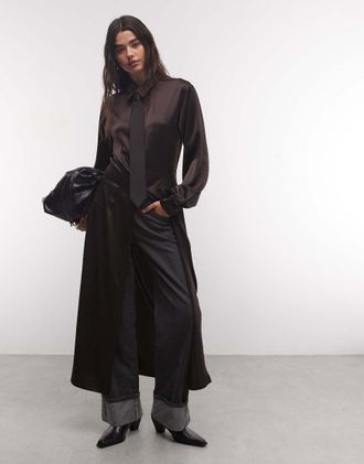Asos Satin-Maxihemd in Schokobraun-Multi