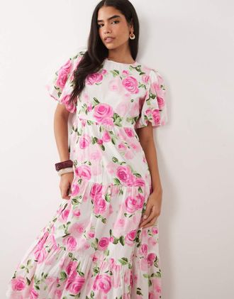Vero Moda Maxikleid mit Puff&auml;rmeln, gestuftem Saum und rosa Rosenmuster