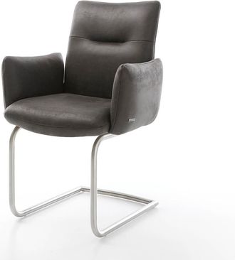DELIFE Freischwinger Jova-Flex mit Armlehnen Mikrofaser Anthrazit Vintage Freischwinger rund Edelstahl Taschenfederkern, Esszimmerstühle