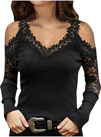 ORANDESIGNE Chemisier Sexy Femme Tunique Haut Manches Longues Évidé Top Automne Blouse Dentelle Chemisier Col V T-Shirt Chic L Noir XXL