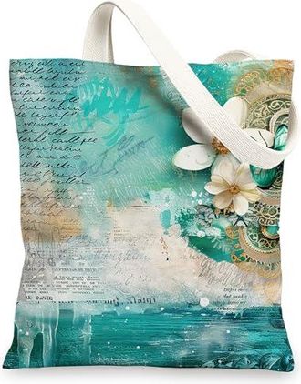 Generic Sacs fourre-tout en toile artistique, sacs à provisions réutilisables, élégants et légers, lavables, bleu sarcelle, 13x15 Inch