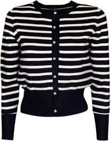 Only Onlvalley Ls Pearl Cardigan à col Rond, Noir/Rayures : Bouleau, S Femme